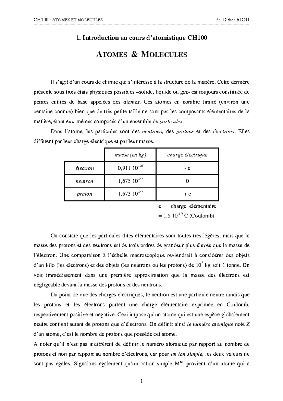 Introduction - 1. Introduction au cours d’atomistique CH ATOMES & MOLECULES Il s’agit d’un cours ...