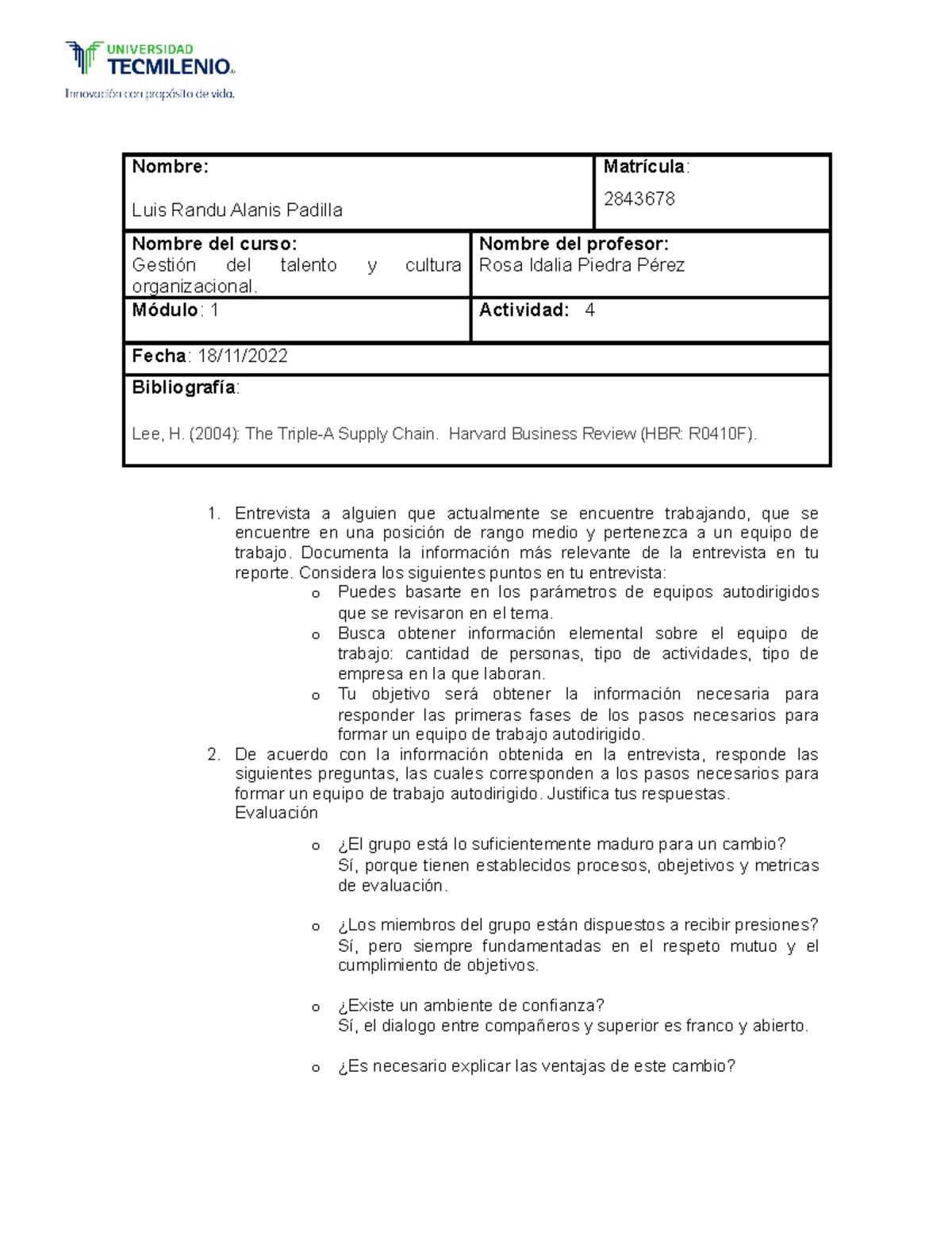 Actividad 4 - Gestión del talento y cultura organizacional. - Nombre ...