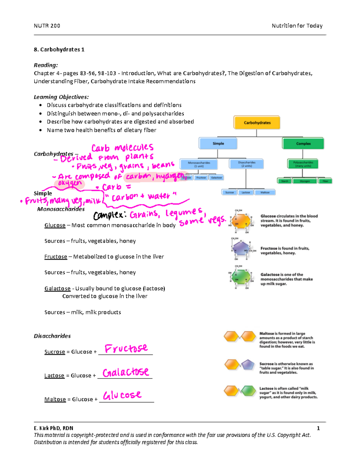Carbohydrates - Lecture outline with annotations - E. Kirk PhD, RDN 1 ...