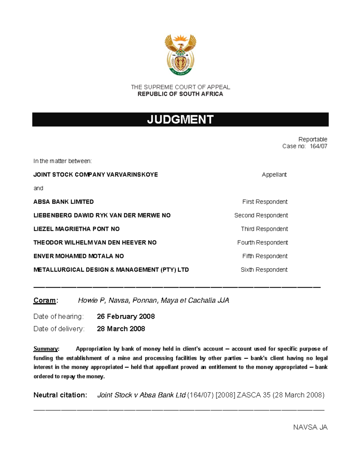 35 Cases THE SUPREME COURT OF APPEAL REPUBLIC OF SOUTH AFRICA 35-cases-the-supreme-court-of-appeal-republic-of-south-africa