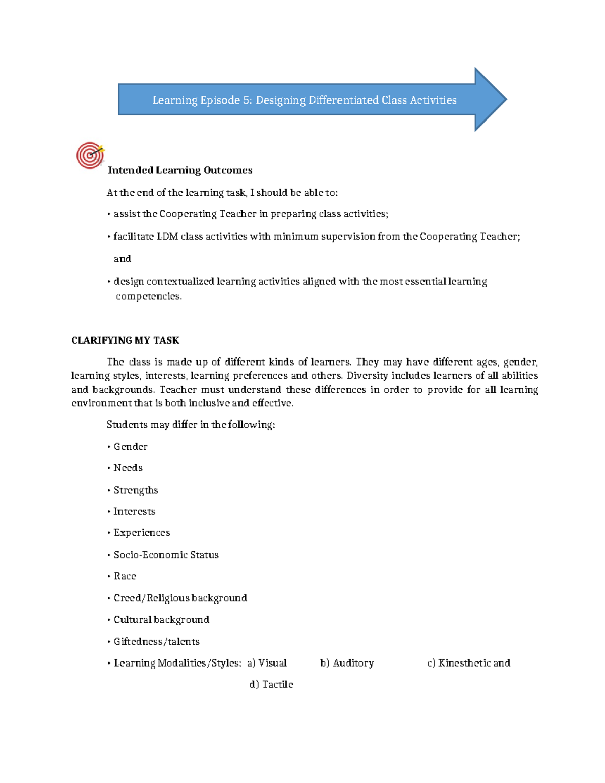 Learning Episodes 5 6 DONE - Intended Learning Outcomes At the end of ...