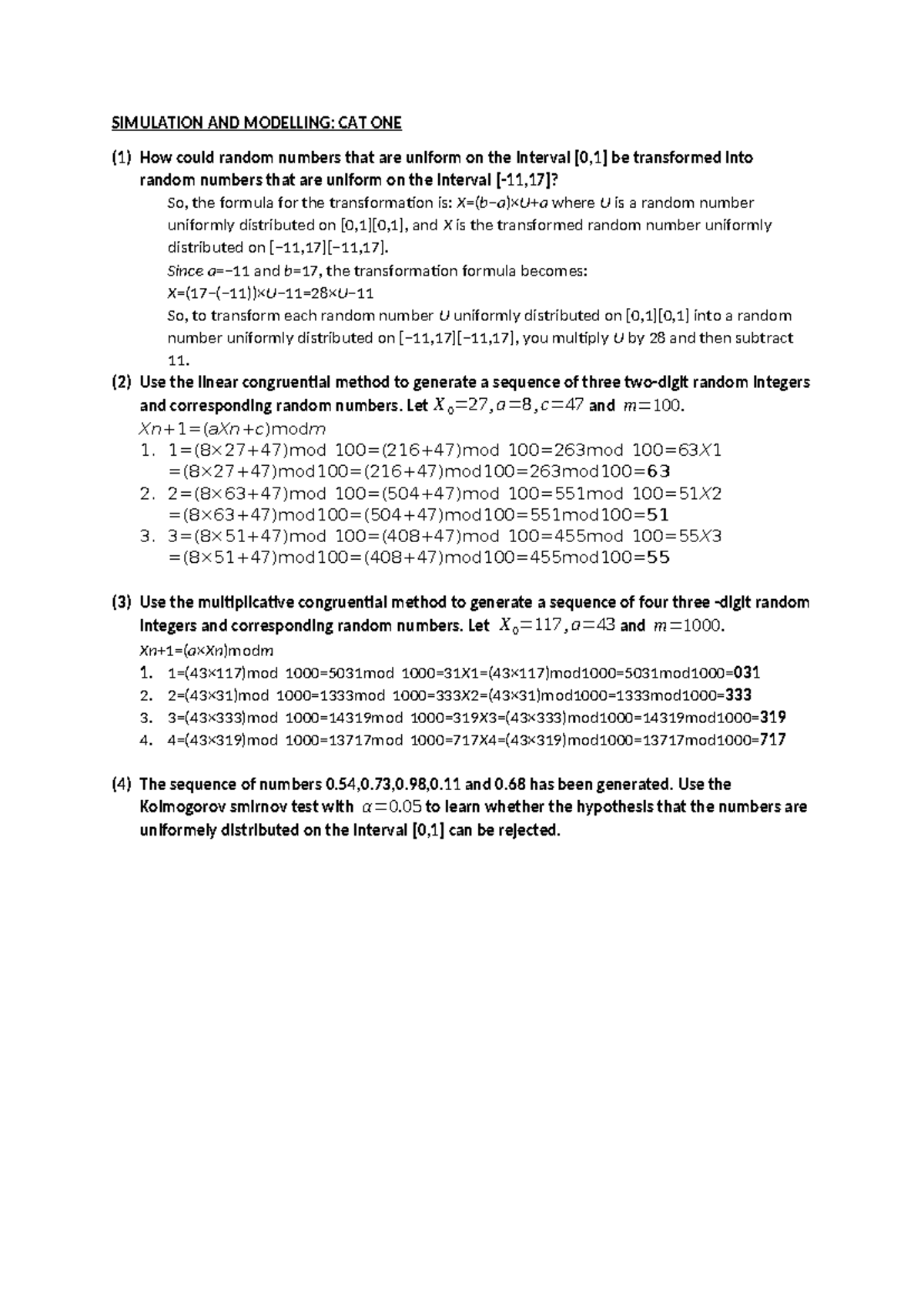 Simulation AND Modelling-CAT ONE - SIMULATION AND MODELLING: CAT ONE (1) How could random ...