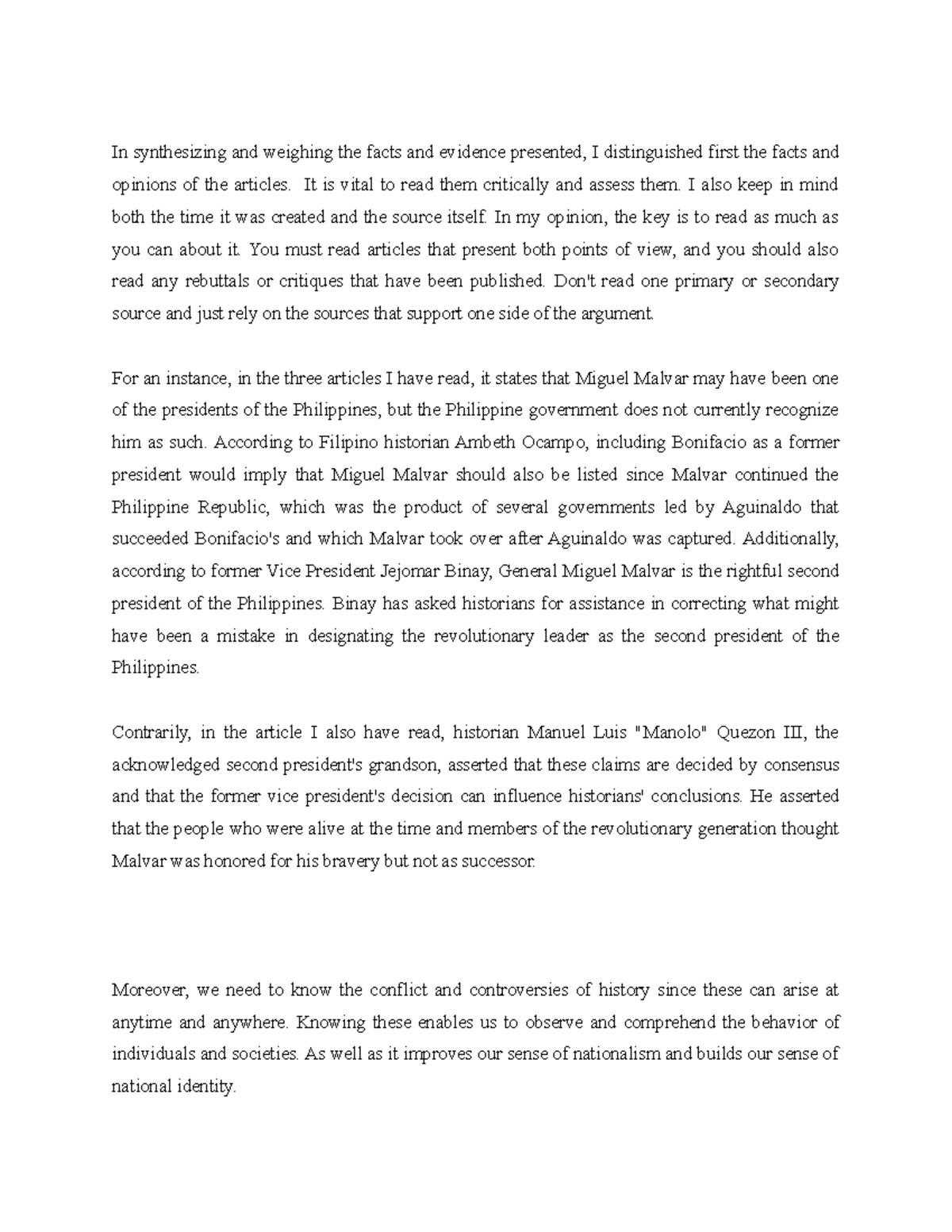 Readings in Philippine History - In synthesizing and weighing the facts ...