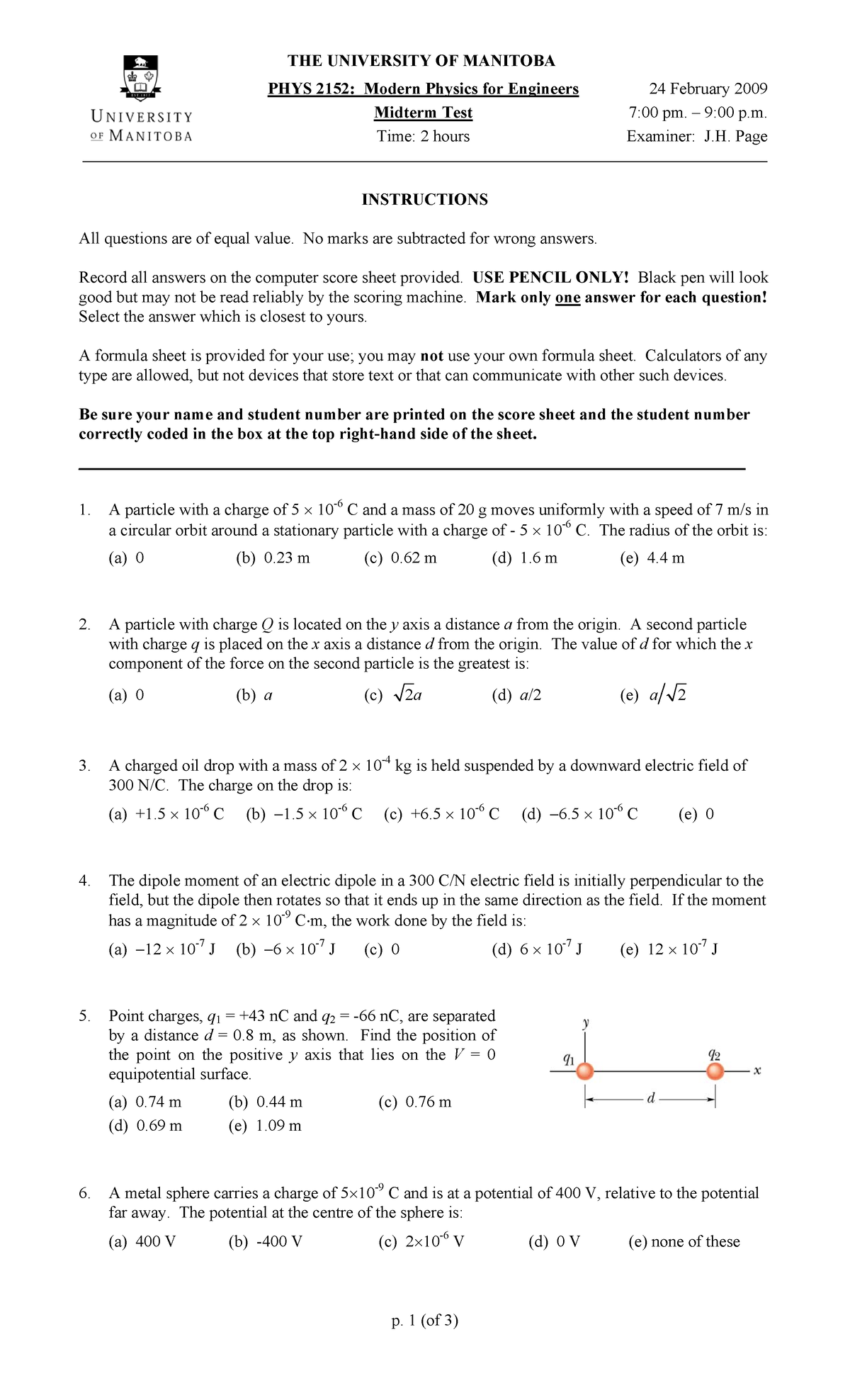 PHYS2152 Midterm test 2009 - PHYS 2152: Modern Physics for Engineers 24 ...