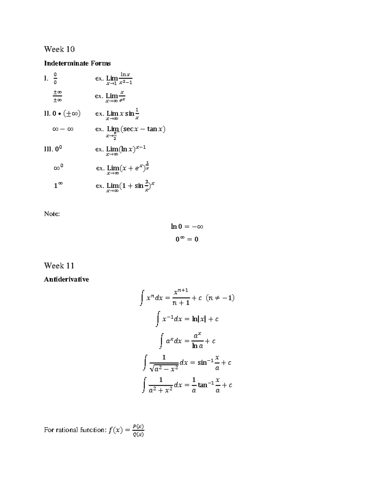 Calculus 1000A Week 10-14 review notes - Week 10 Indeterminate Forms I ...
