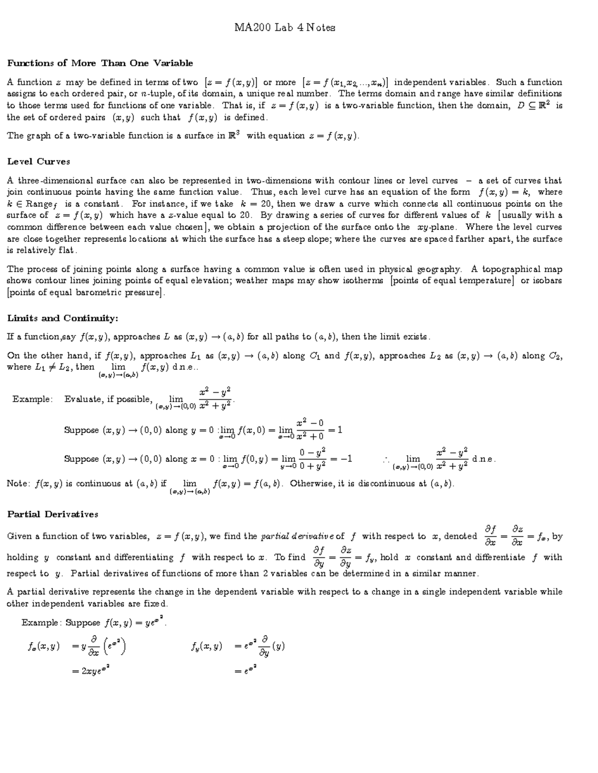 Lab4 Notes Winter 2021 - MA103 - MA200 Lab 4 Notes Functions of More ...
