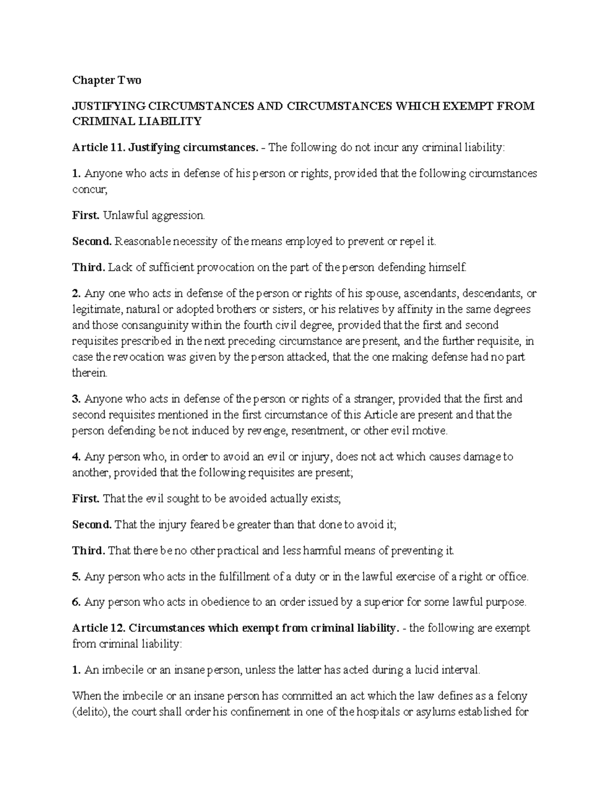 Chapter Two - LECTURE - Chapter Two JUSTIFYING CIRCUMSTANCES AND ...