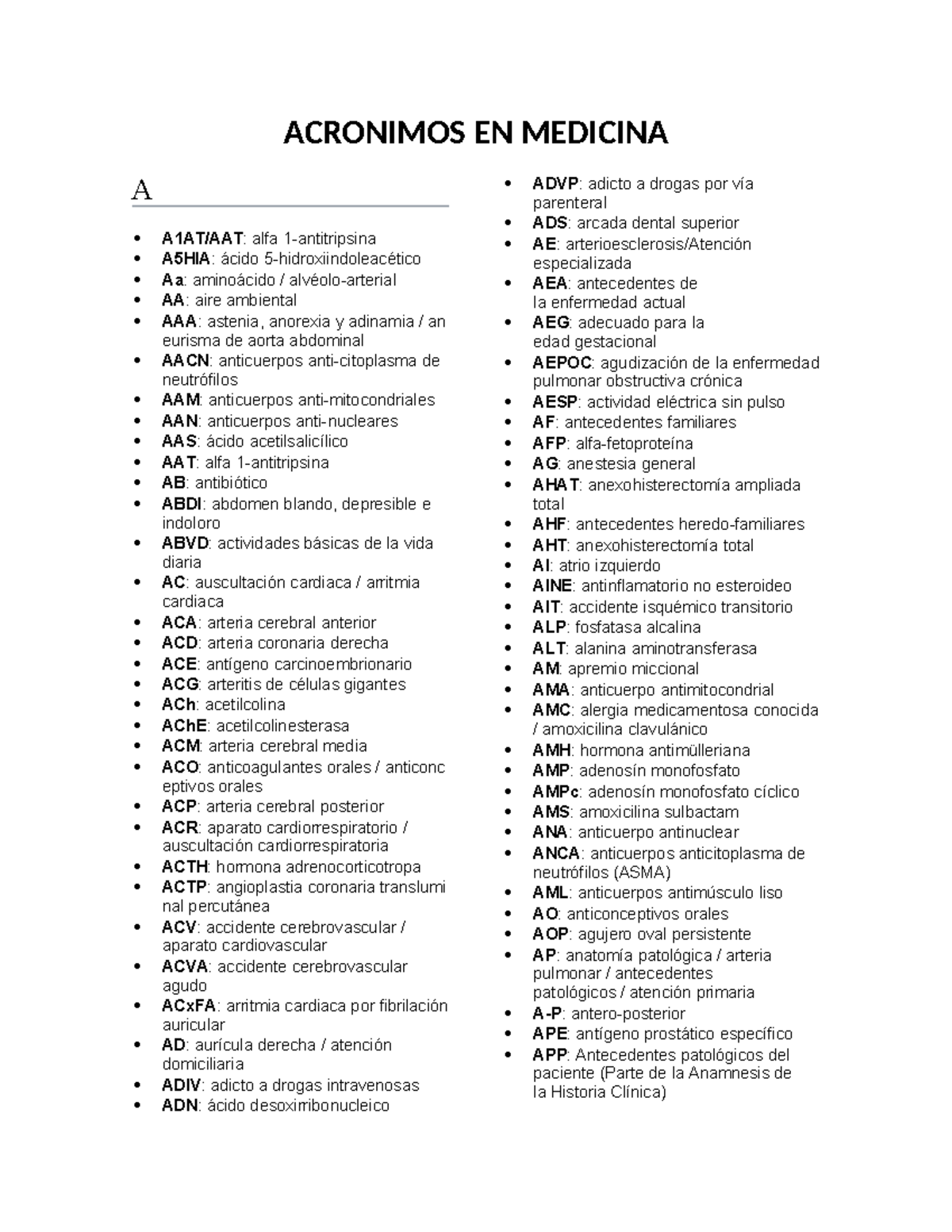 Acronimos EN Medicina - Prefijos sufijos - ACRONIMOS EN MEDICINA A A1AT ...