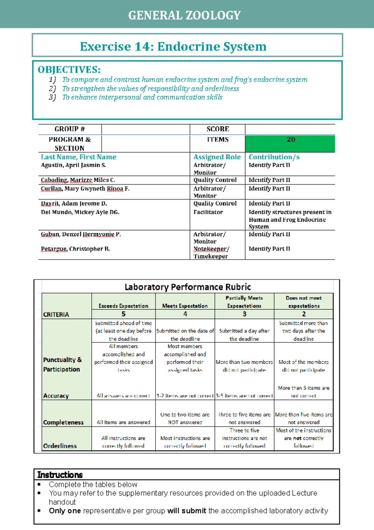 GZOO111 - Lab Exercise 14 Endocrine System -1 - GENERAL ZOOLOGY ...