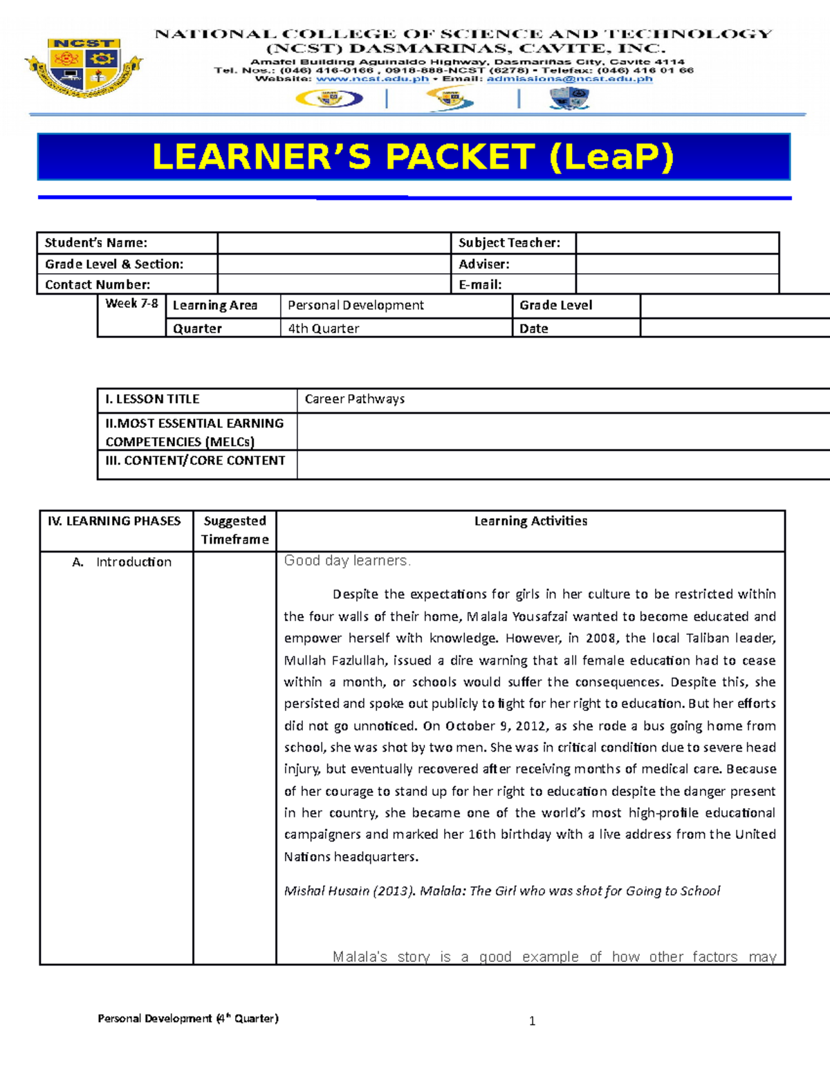 Personal Development Essay In Self Development Student s Name 