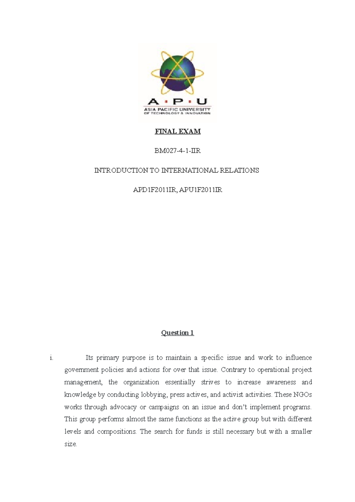 IIR FInal Exam - Introduction of International Relations - FINAL EXAM BM027-4-1-IIR INTRODUCTION ...