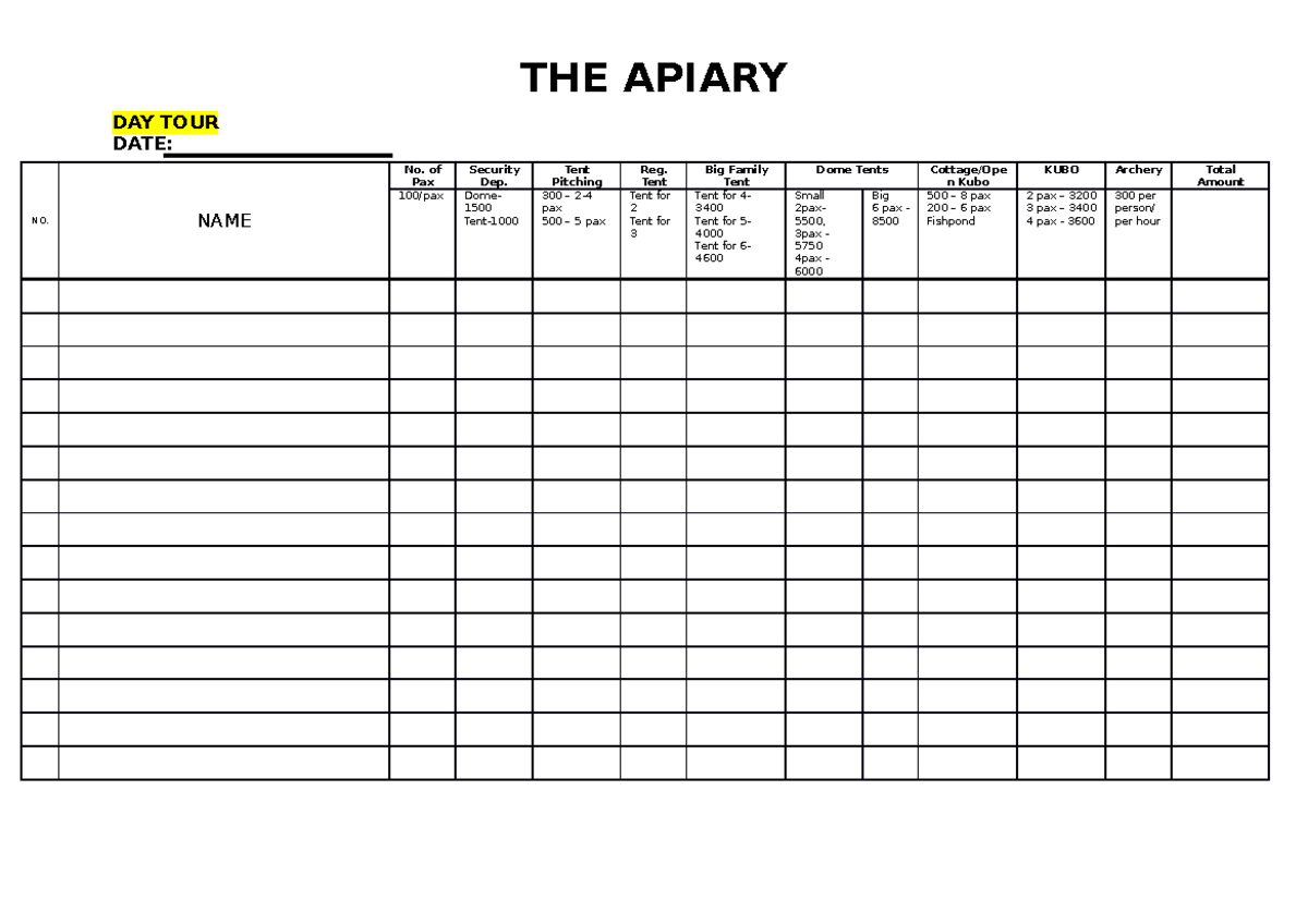 THE Apiary - aajdh - THE APIARY DAY TOUR DATE: NO. NAME No. of Pax ...
