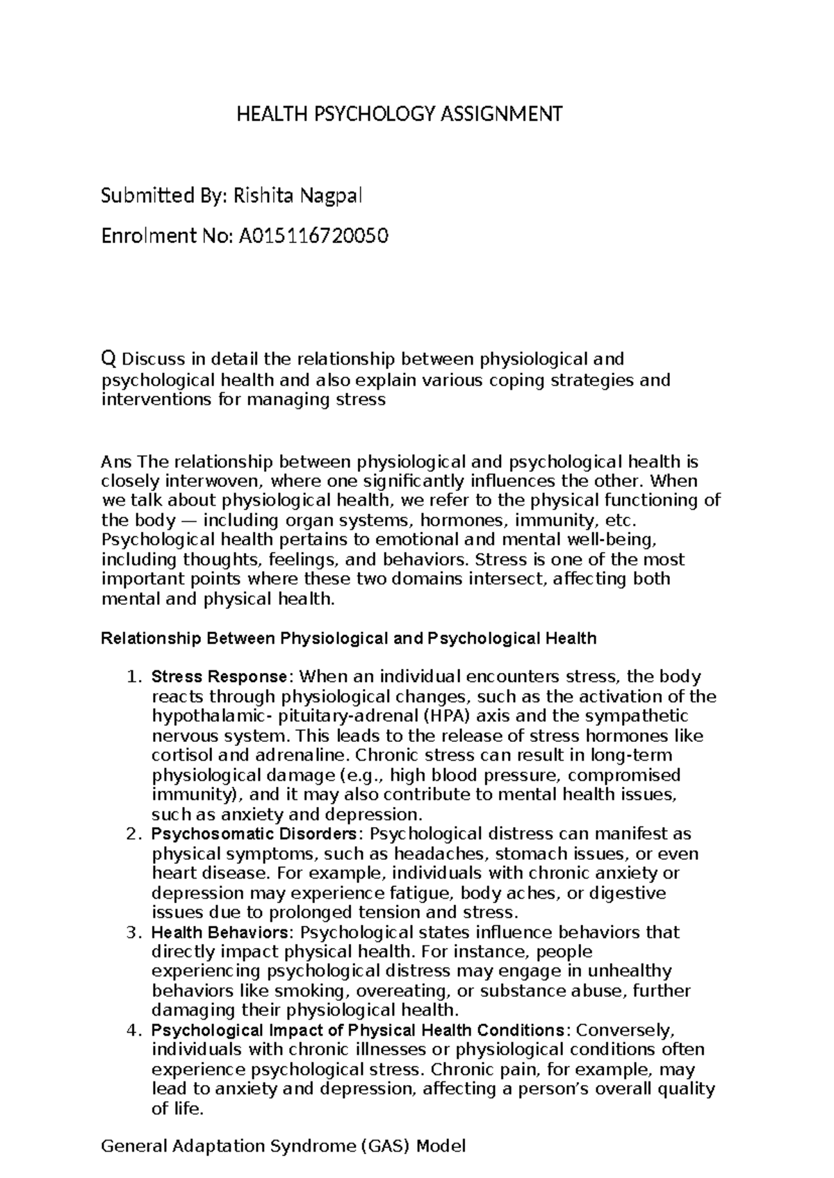Health psych assignment - HEALTH PSYCHOLOGY ASSIGNMENT Submitted By ...