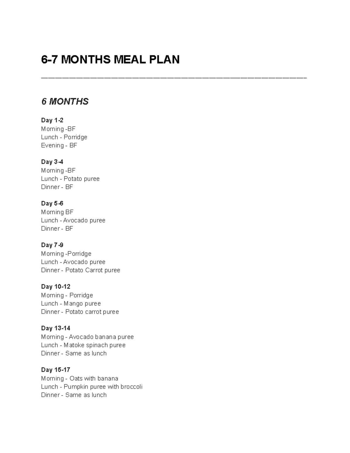 6-7 months Time Table by Aida Kamanyire - 6-7 MONTHS MEAL PLAN - Studocu
