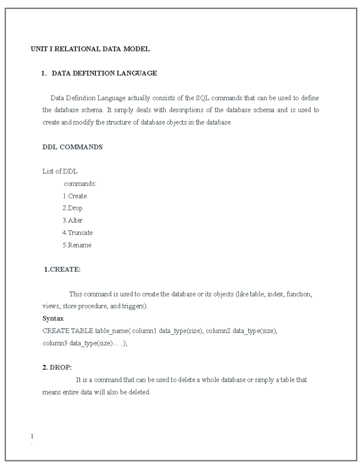 Database Practices Lab Manual Word - UNIT I RELATIONAL DATA MODEL 1 ...