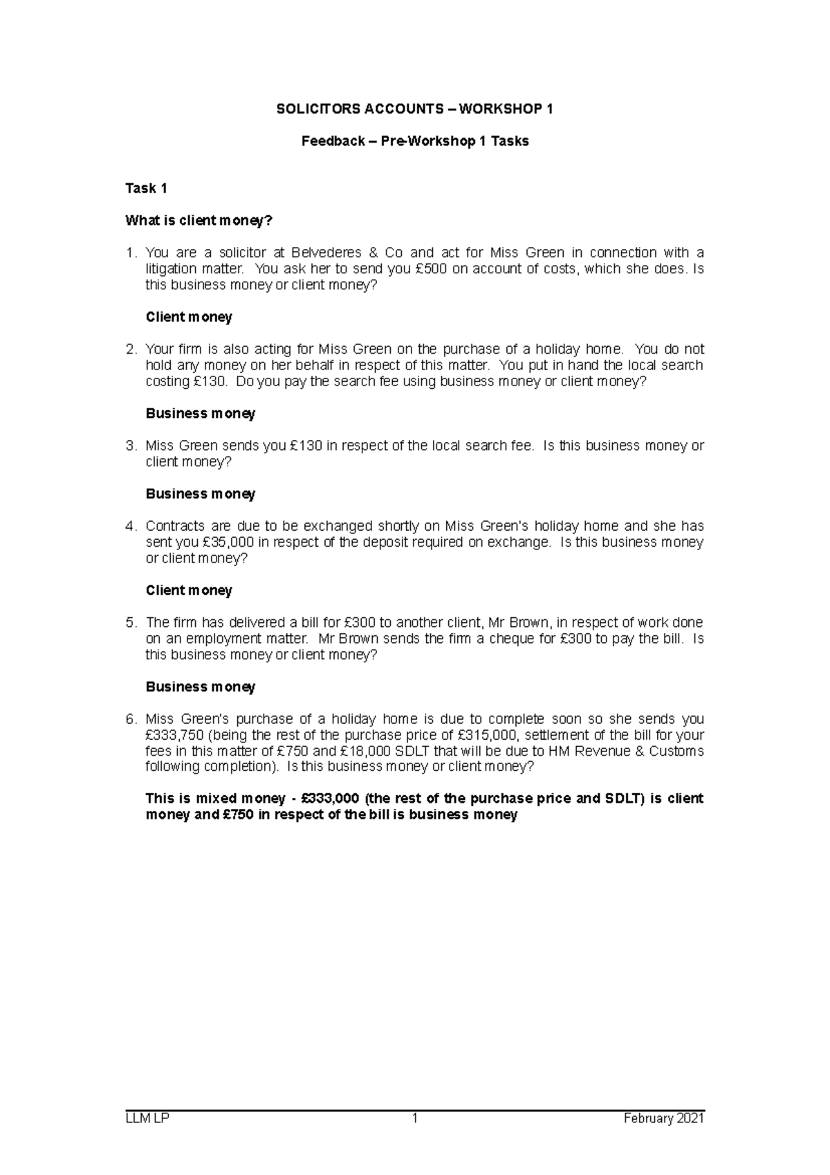 Feedback - Pre-Workshop 1 Tasks - SOLICITORS ACCOUNTS – WORKSHOP 1 ...