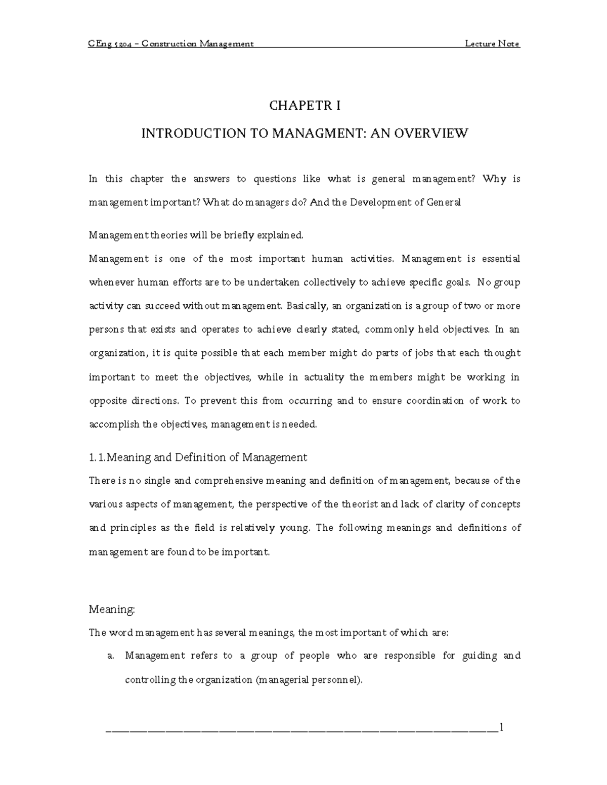 Chapter 1 - Introduction to Managment - CHAPETR I INTRODUCTION TO ... Chapter 1 - Introduction to Managment - CHAPETR I INTRODUCTION TO ...