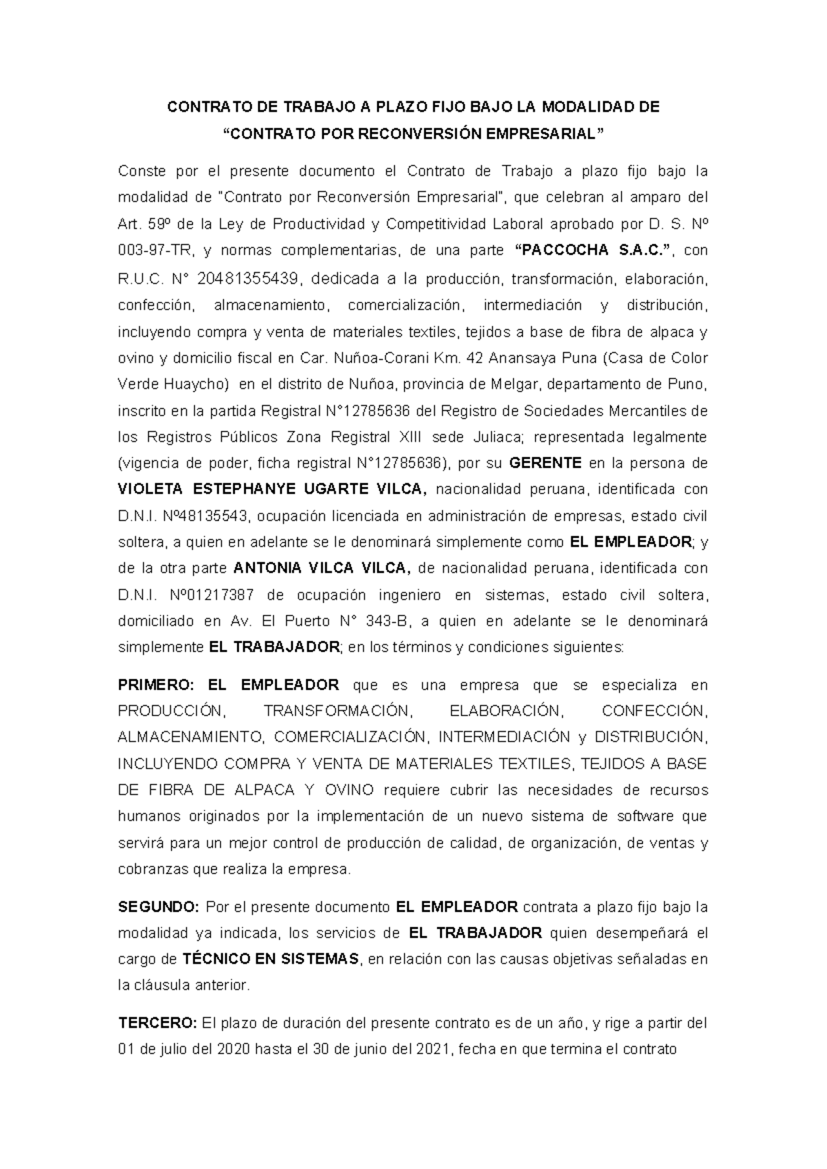 03. Recorversion Empresarial - CONTRATO DE TRABAJO A PLAZO FIJO BAJO LA MODALIDAD DE “CONTRATO ...