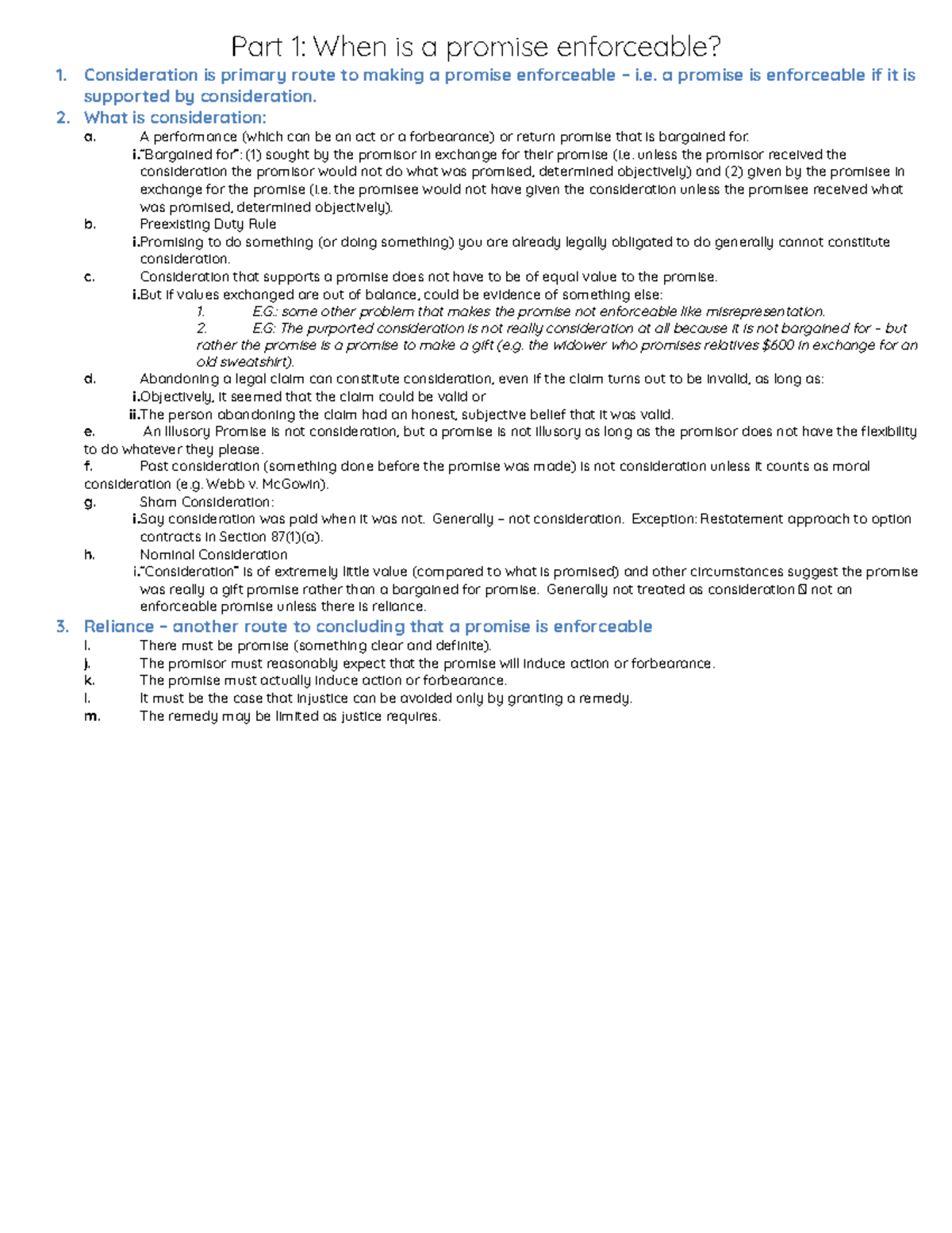 Contracts outlline parts 1 - 5 - Part 1: When is a promise enforceable ...