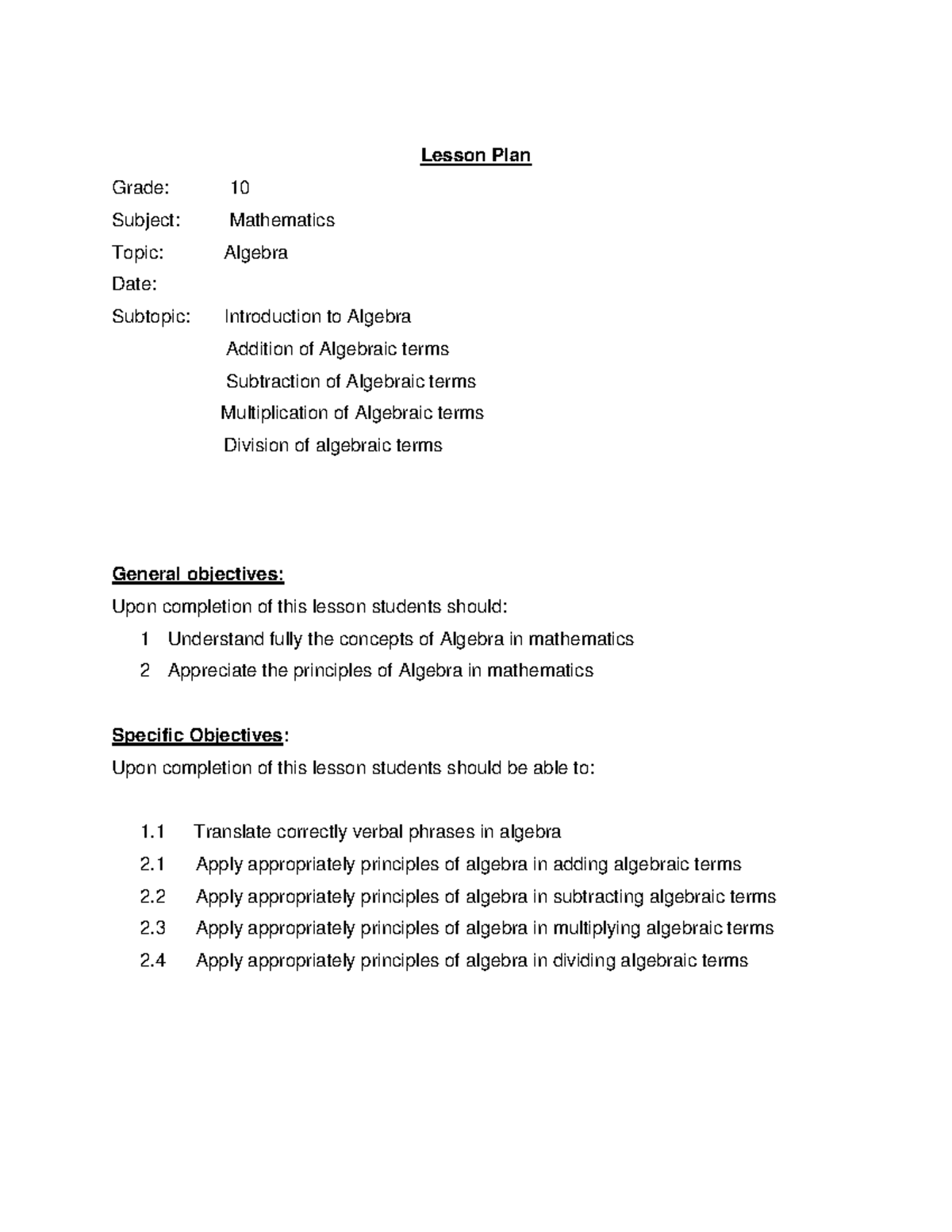 Lesson Plan Algebra Mathematics - Lesson Plan Grade: 10 Subject ...