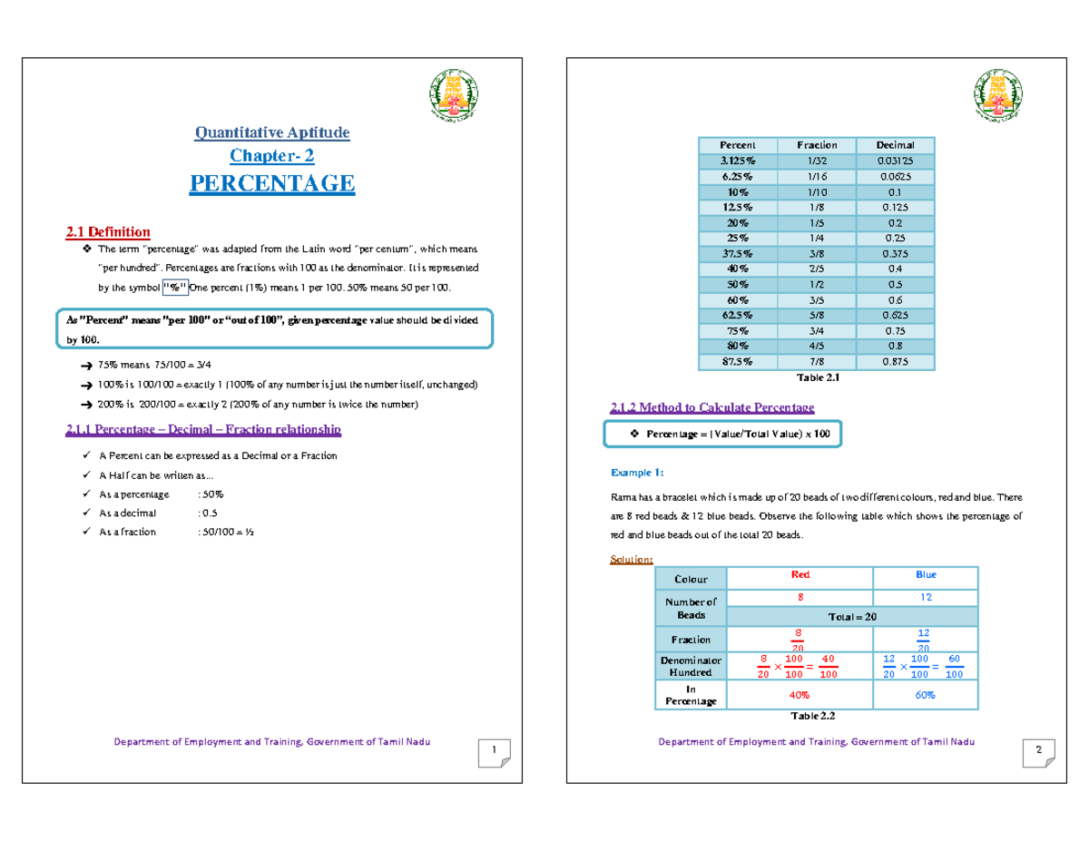 Percentage 1st chapter - Quantitative Aptitude Chapter- 2 PERCENTAGE 2 ...