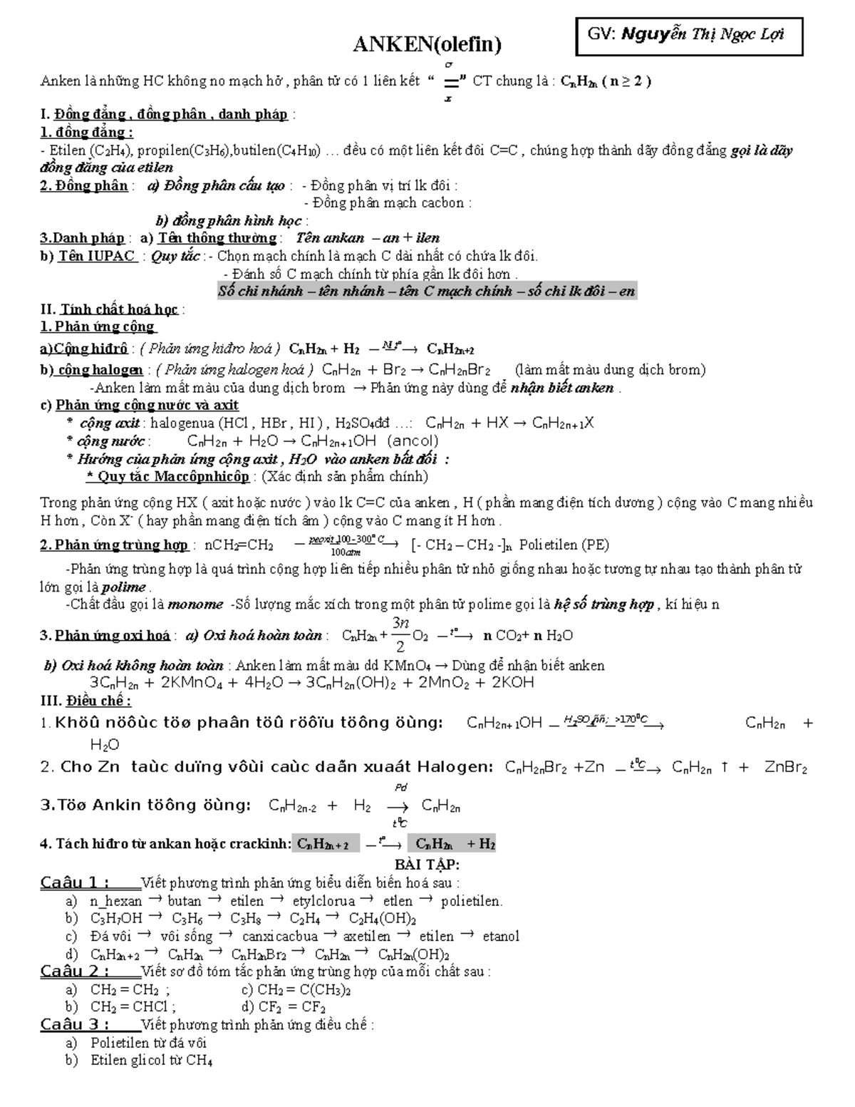 Anken- dạy thêm - hehe - ANKEN(olefin) Anken là những HC không no mạch ...