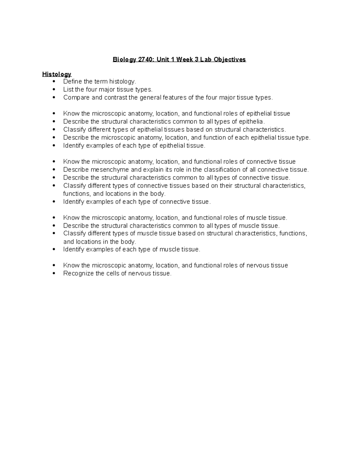 Unit 1, Chapter 4 (Tissues) Lab Objectives-fall 2022 - Biology 2740: Unit 1 Week 3 Lab ...