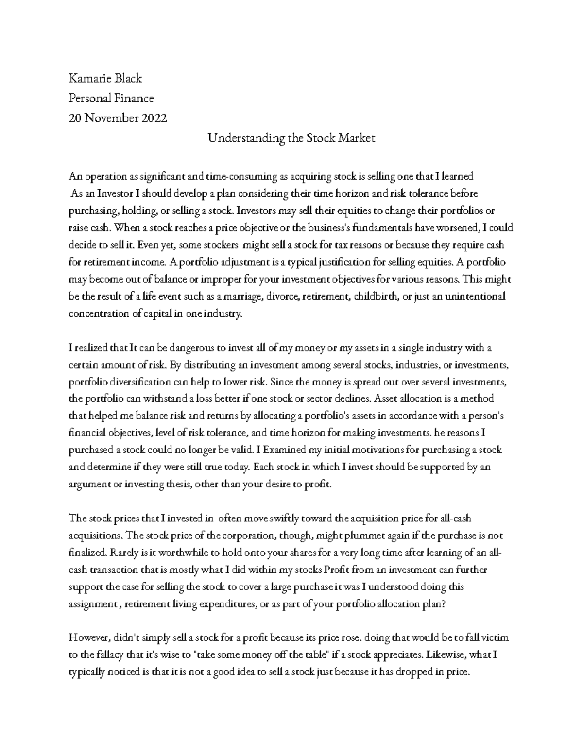 Understanding The Stock Market Personal Finance Assignment - Kamarie ...