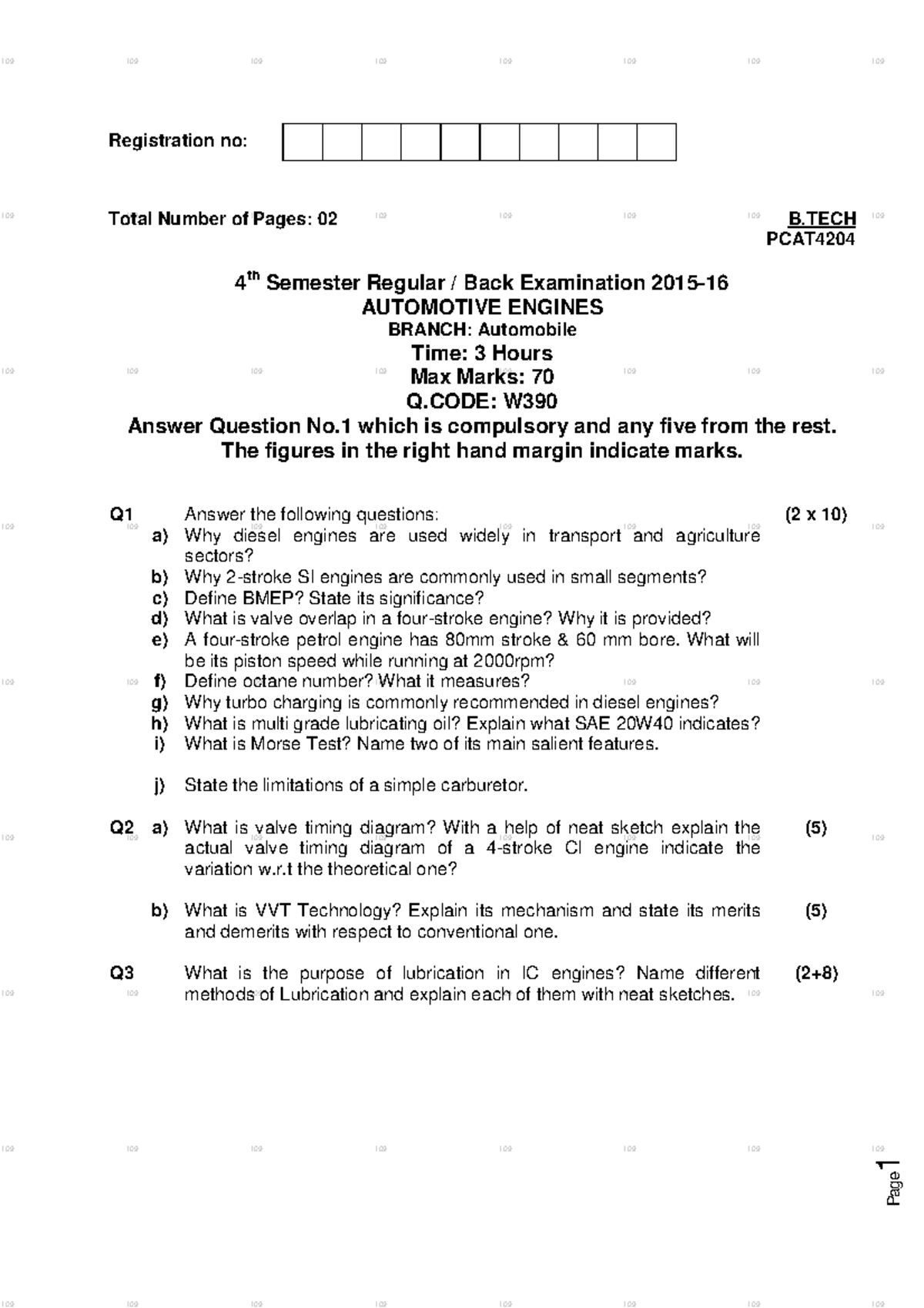 Automotive Engines Btech 4TH Semester Regular BACK 2015-16 Q CODE W390 AE - 109 109 109 109 109 ...