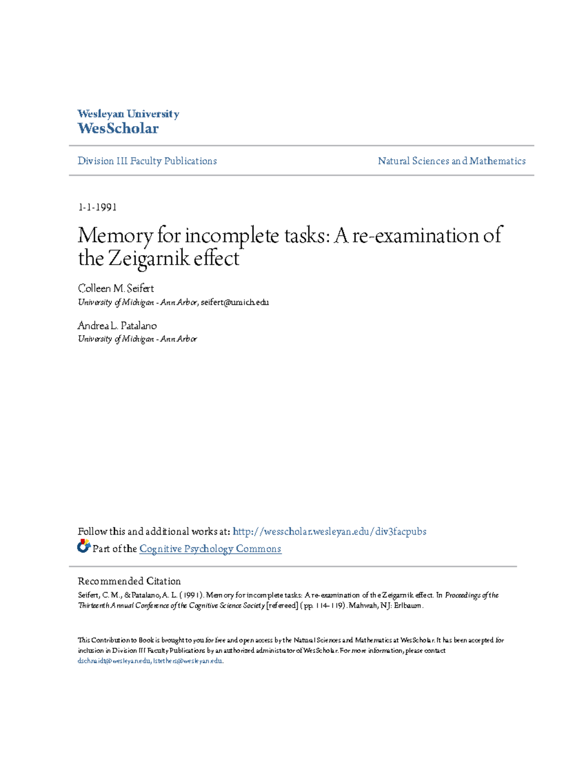 Memory for incomplete tasks A re examina - Wesleyan University ...