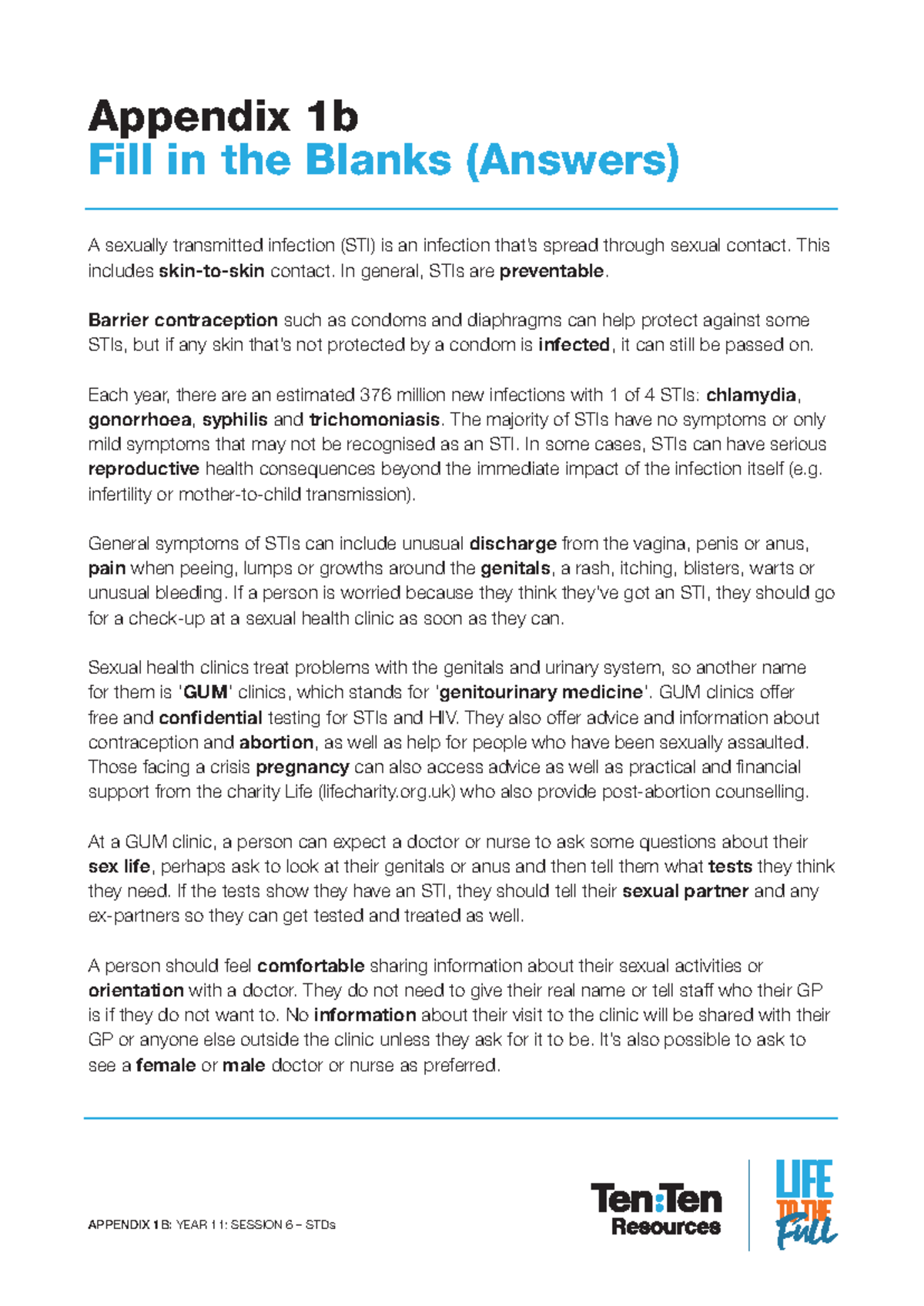 Y11 - Papers - Appendix 1b Fill in the Blanks (Answers) APPENDIX 1B: YEAR 11: SESSION 6 – STDs A ...
