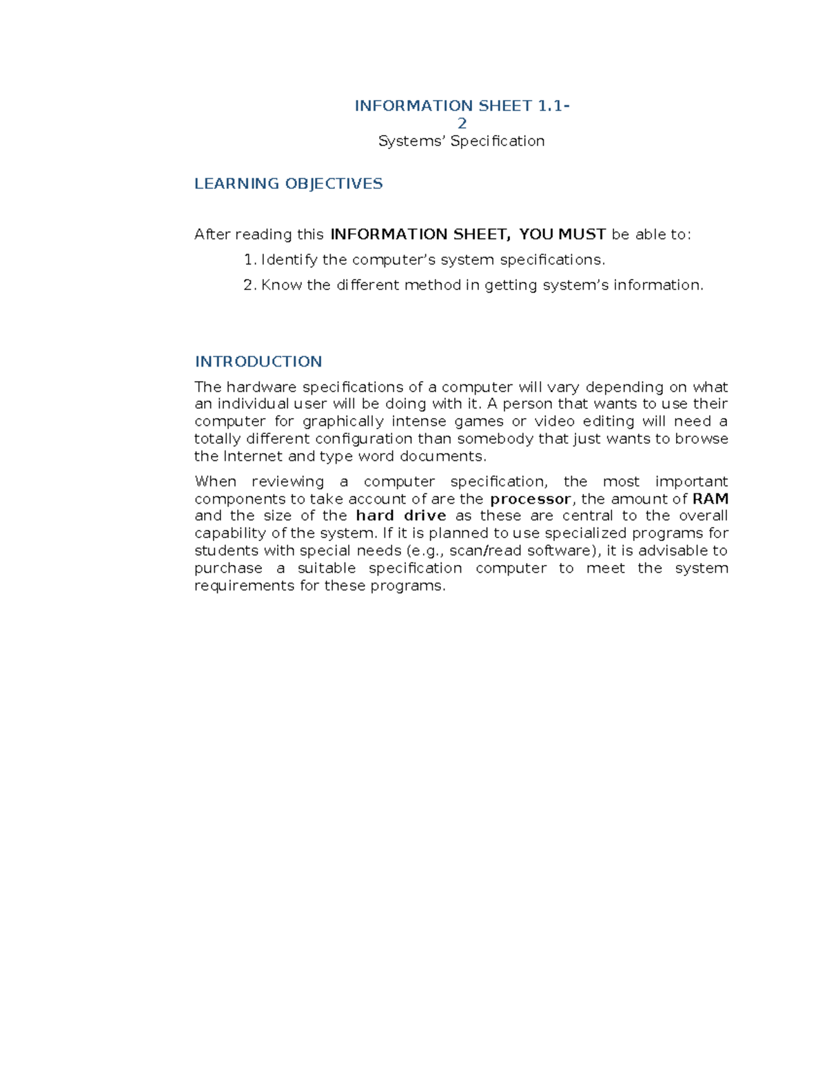 Computer System Services - INFORMATION SHEET 1- 2 Systems ...