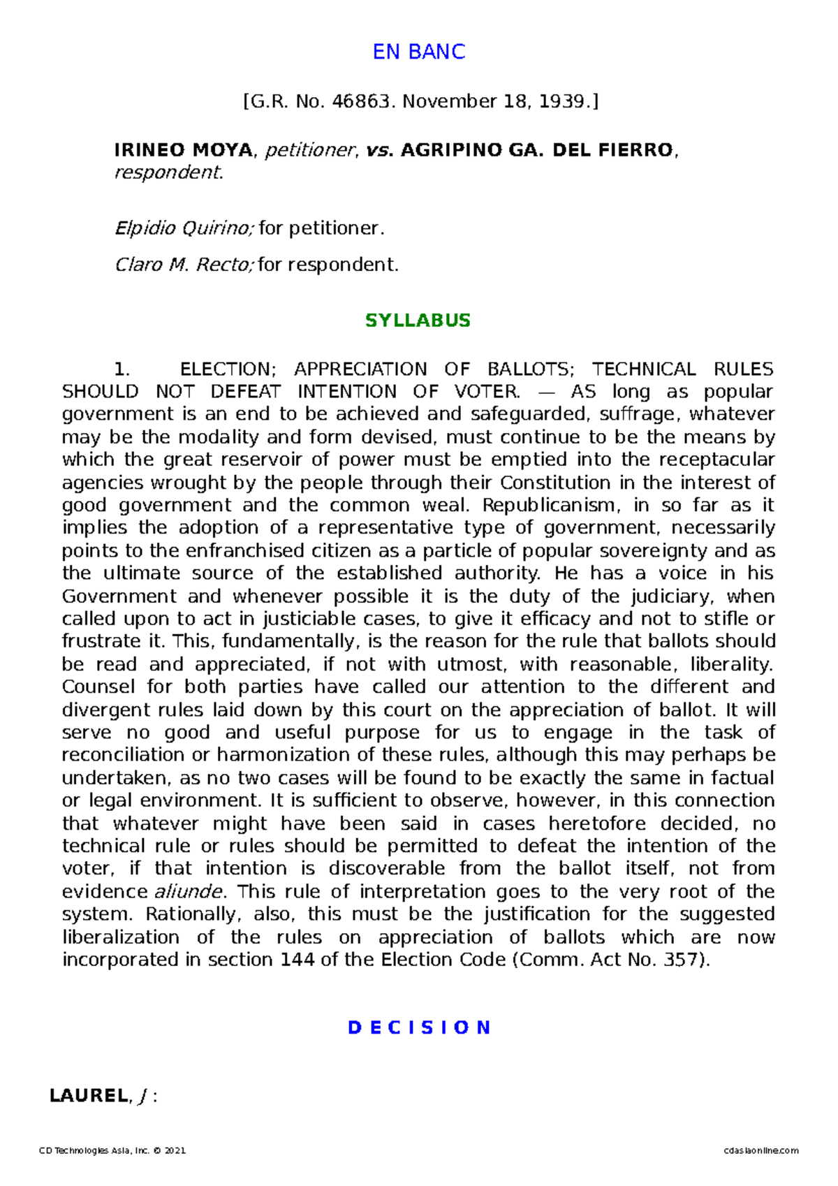 Case of Moya vs. Del Fierro - March 22, 2022 - EN BANC [G. No. 46863 ...