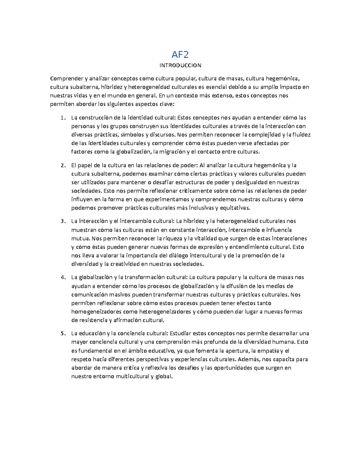 AF2 Cultura Regional - AF INTRODUCCION Comprender y analizar conceptos como cultura popular ...