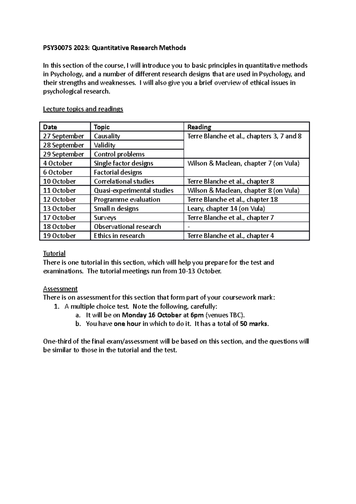 PSY3007S 2023 Quantitative Methods Outline - PSY3007S 2023 ...