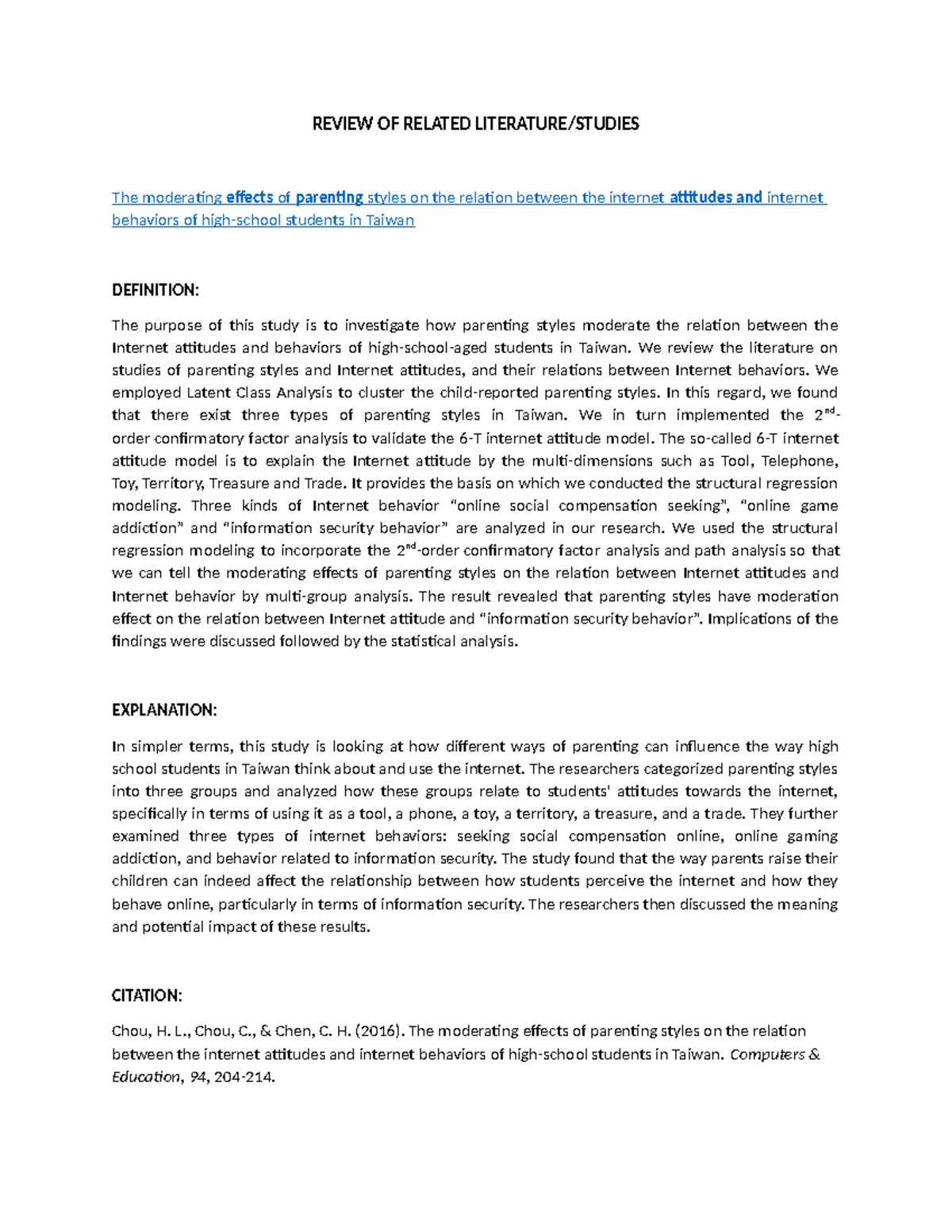 RRL RRS - REVIEW OF RELATED LITERATURE/STUDIES The moderating effects ...