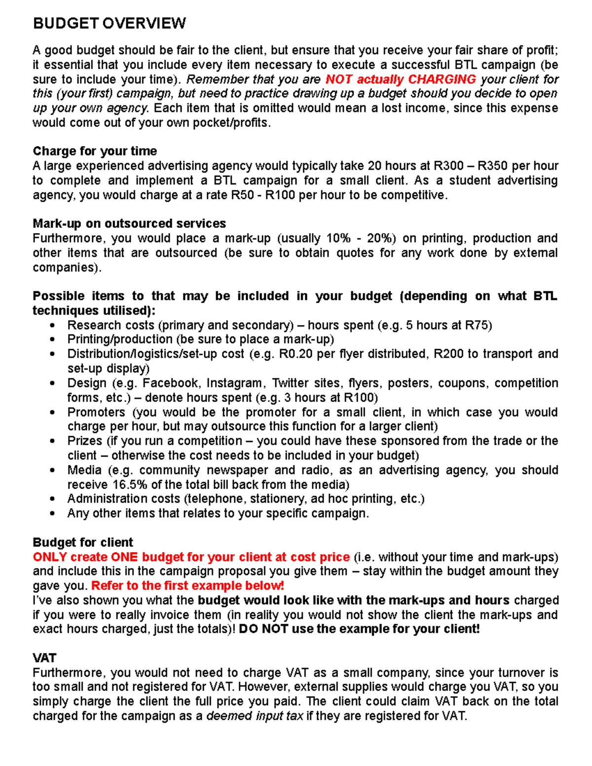 Budget Example BUDGET OVERVIEW A Good Budget Should Be Fair To The