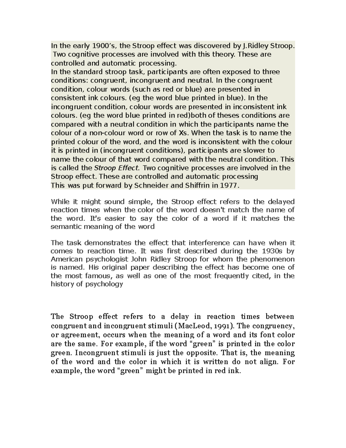 Abnormal - In the early 1900’s, the Stroop effect was discovered by J ...