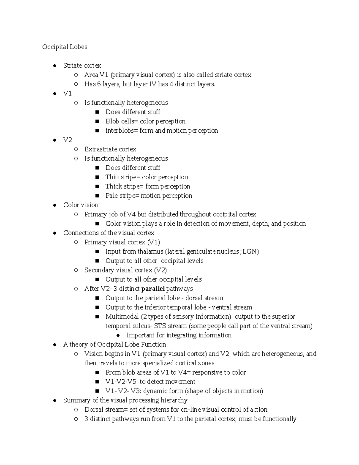 Occipital Lobe Lecture Notes - Occipital Lobes Striate cortex Area V1 ...