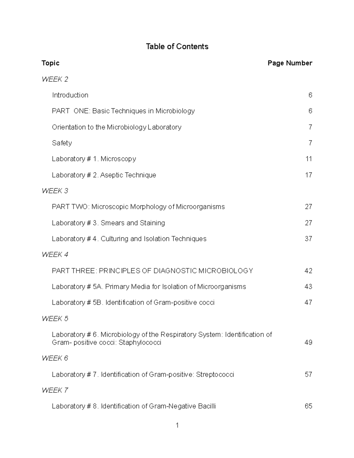 Veterinary Bacteriology Lab Manual - Table of Contents WEEK Topic Page ...