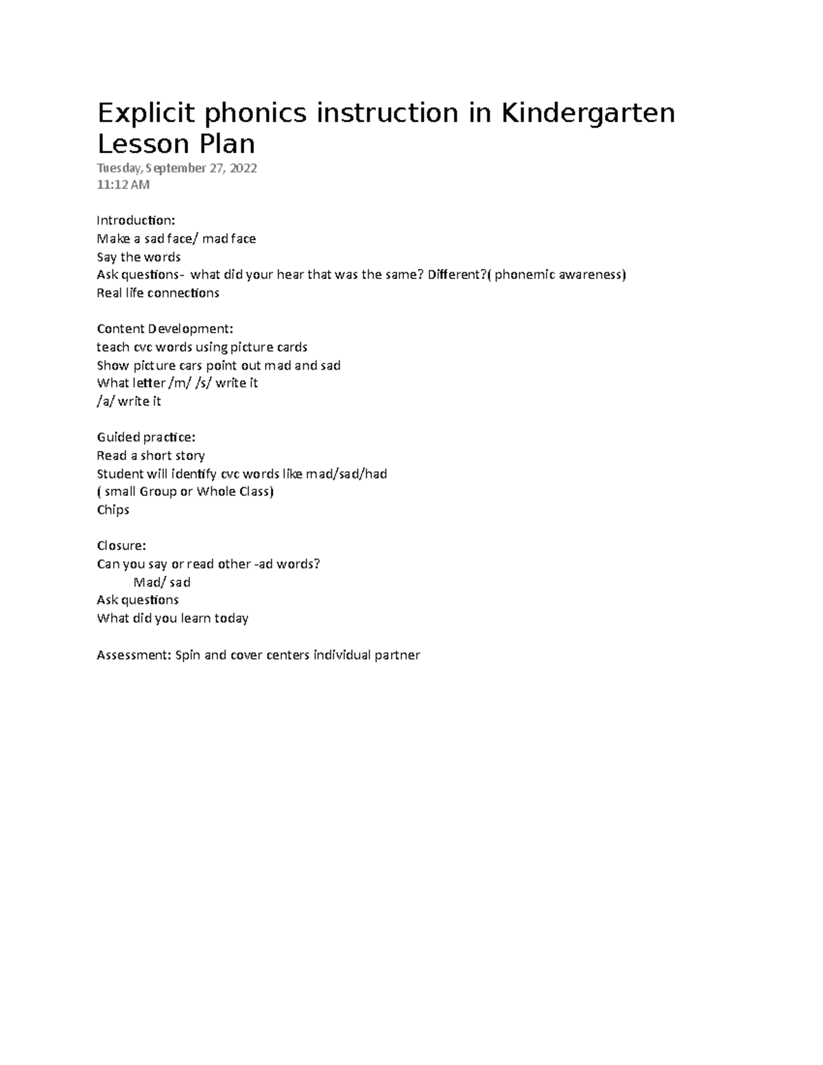 Explicit phonics instruction in Kindergarten Lesson Plan - Explicit ...
