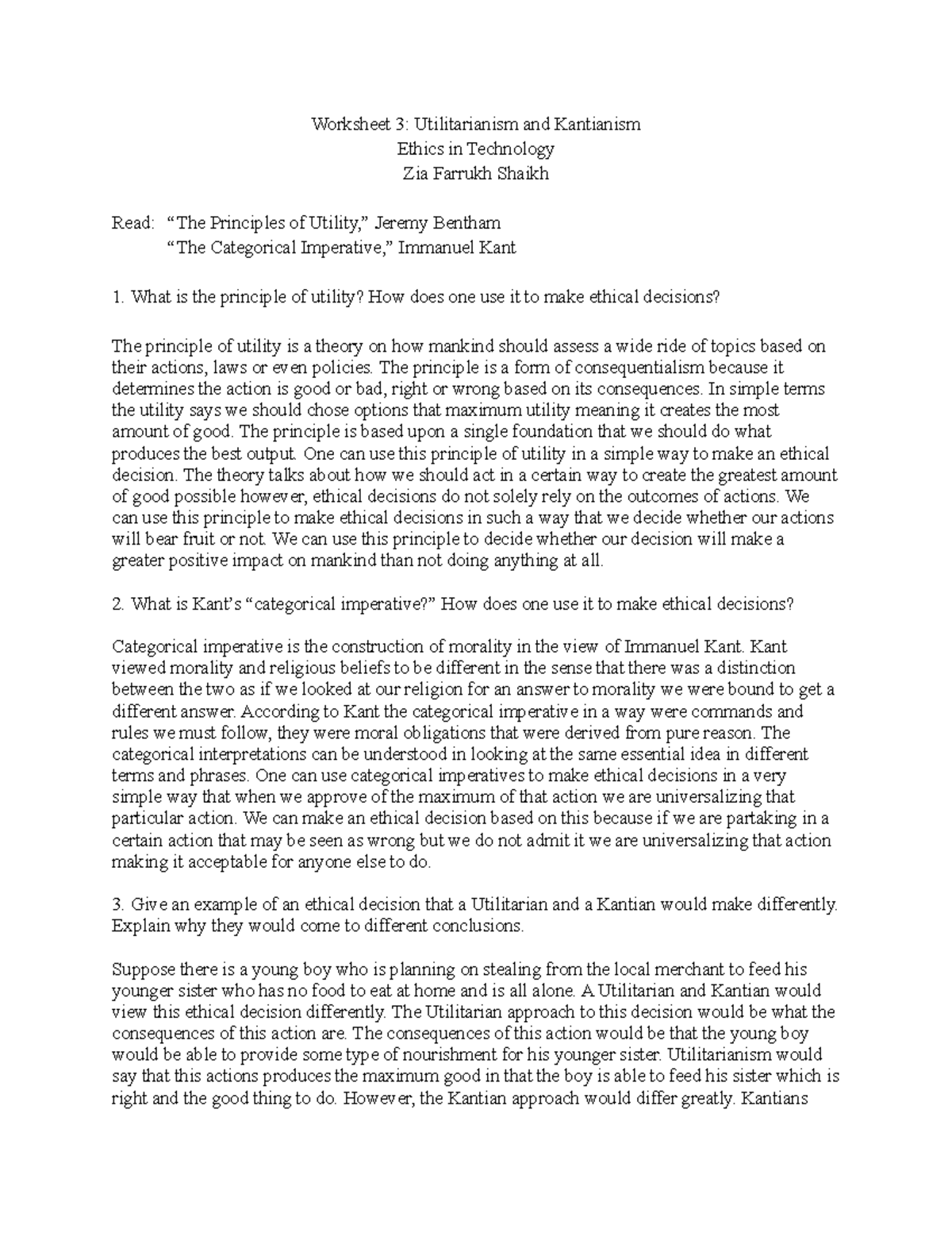 ET - Worksheet 3 - Worksheet 3: Utilitarianism and Kantianism Ethics in ...