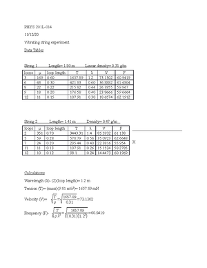 Vibrating string lab report with graphs and question - Vibrating String Lab Eric Son, Michael ...
