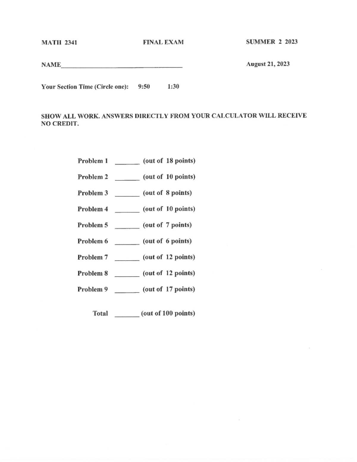 2341 Summer 2 2023 Final + Sols - MATH 2341 - Studocu