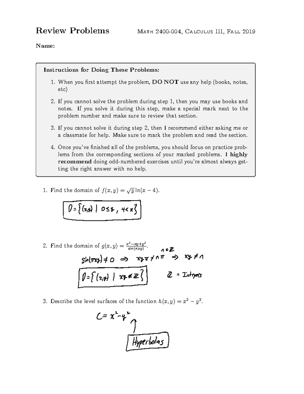 Exam 2 Review Problems Sol - Review Problems Math 2400-004, Calculus III, Fall 2019 Name: - Studocu
