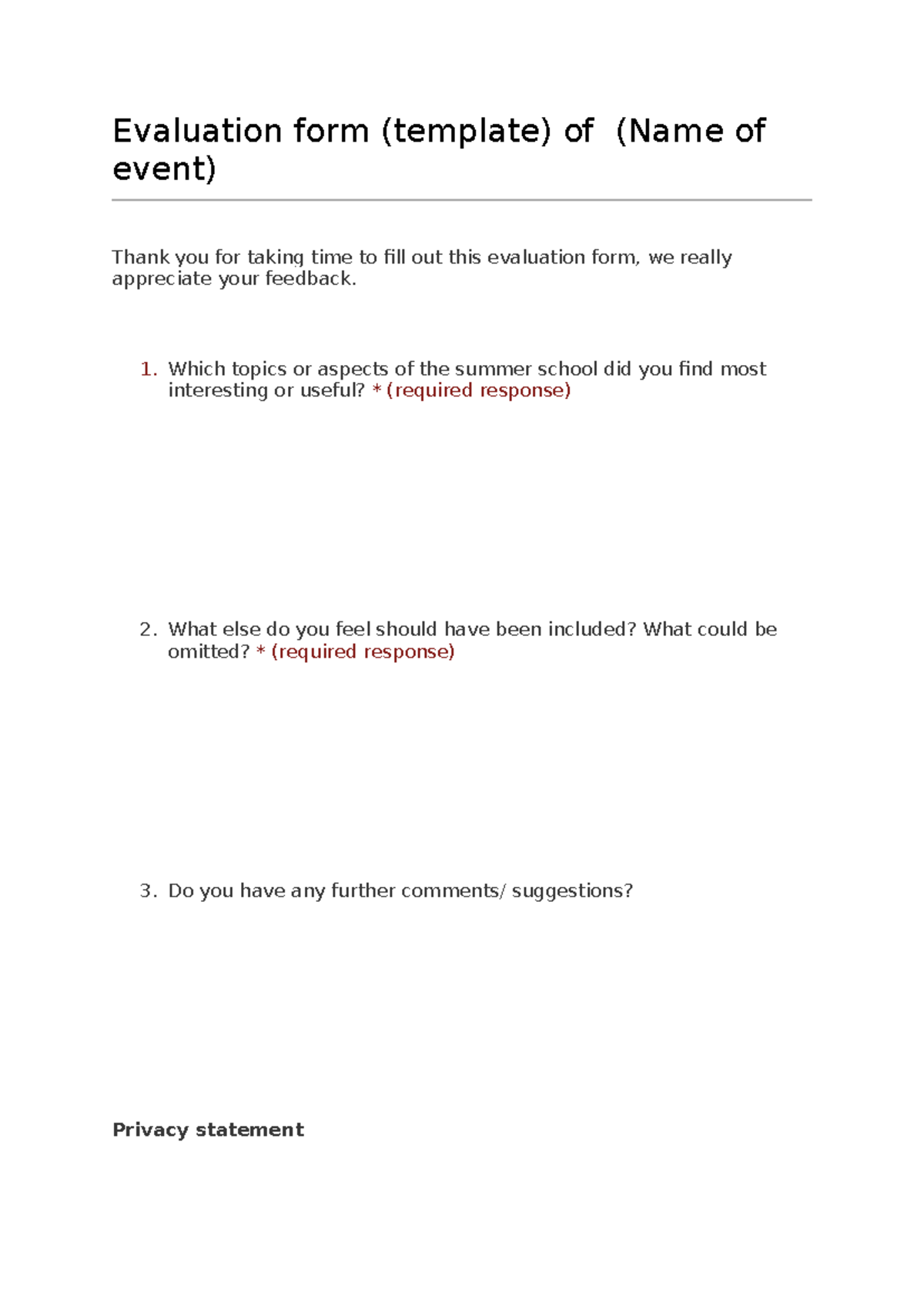 Evaluation form template summer school final - Teacher Education ...