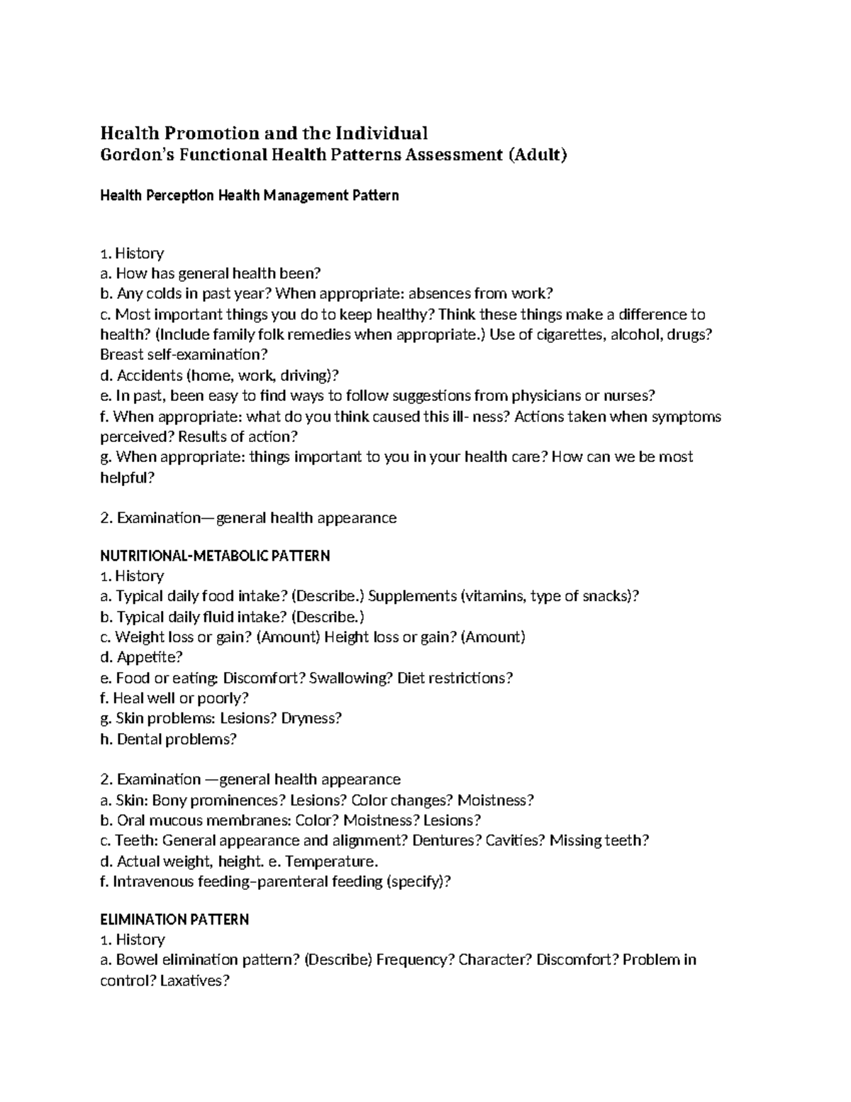 Gordon's Health Assesment - Health Promotion and the Individual Gordon ...