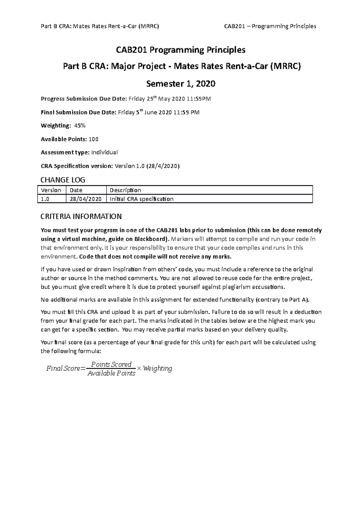 Cab201 Assignment 2020 S1 Cra Part B Cab201 Programming Principles 