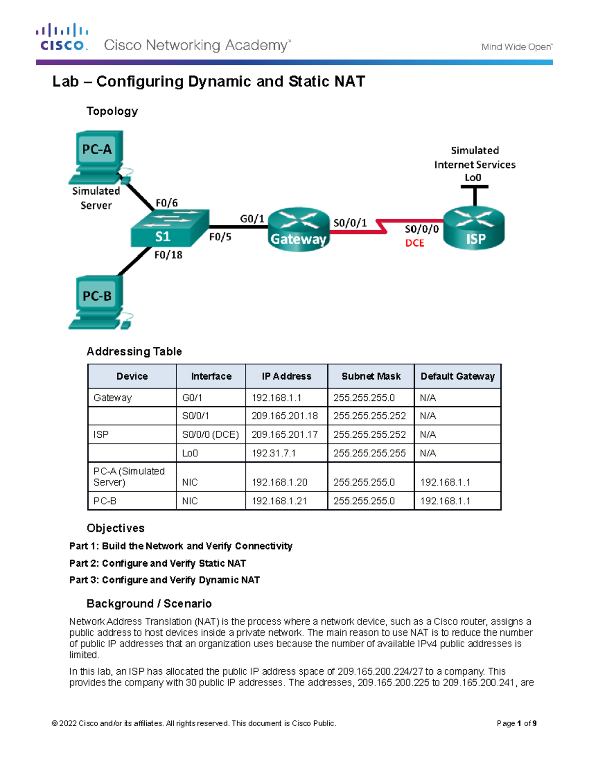 9.2.2.6 Lab - Configuring Dynamic and Static NAT - Topology Addressing Table Device Interface IP ...