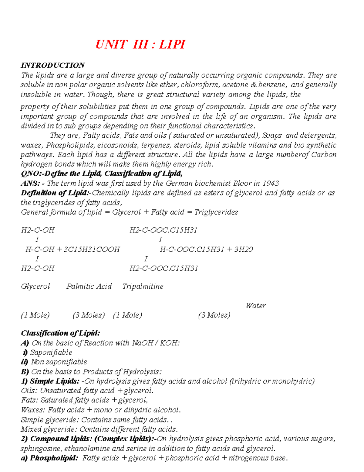 Bio Chemistry Ist Sem UNIT 3 - UNIT III : LIPI INTRODUCTION The lipids ...